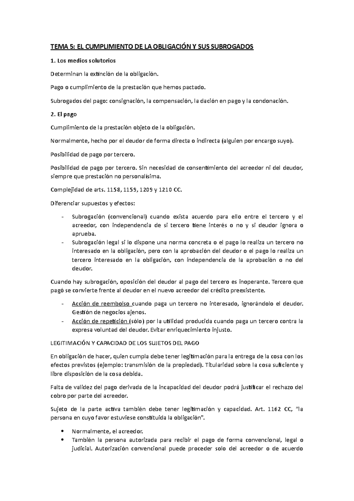 Derecho DE OBL Y Contratos TEMA 5 - TEMA 5: EL CUMPLIMIENTO DE LA OBLIGACIÓN Y SUS SUBROGADOS ...
