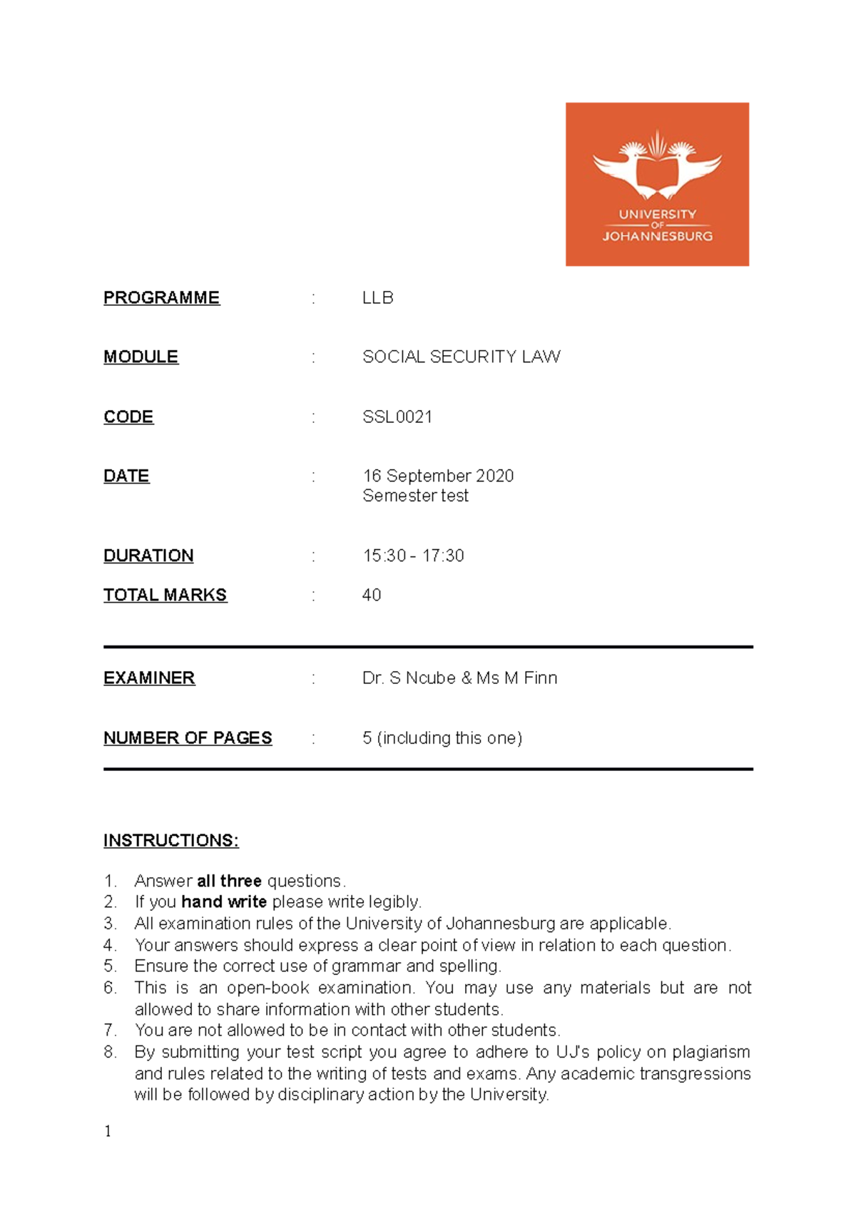 Social Security Law 2020 Semester Test - PROGRAMME : LLB MODULE ...
