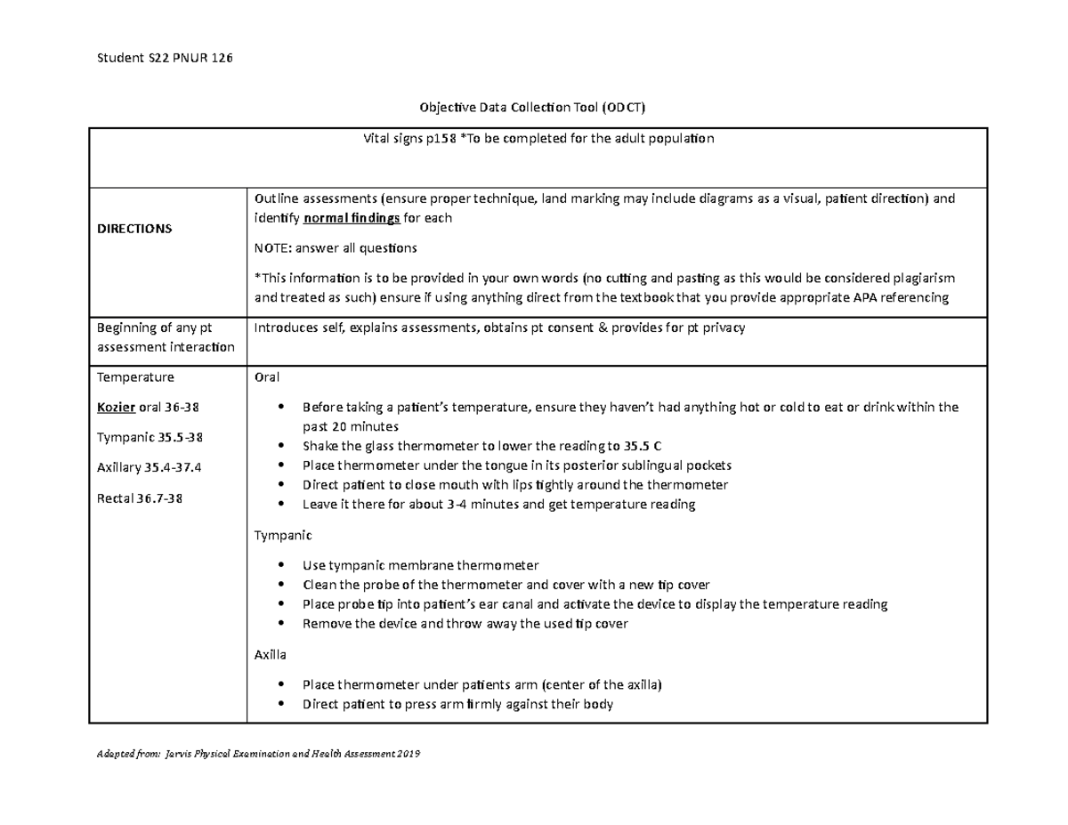 ODCT Vital Signs - weekly course work - Objective Data Collection Tool ...