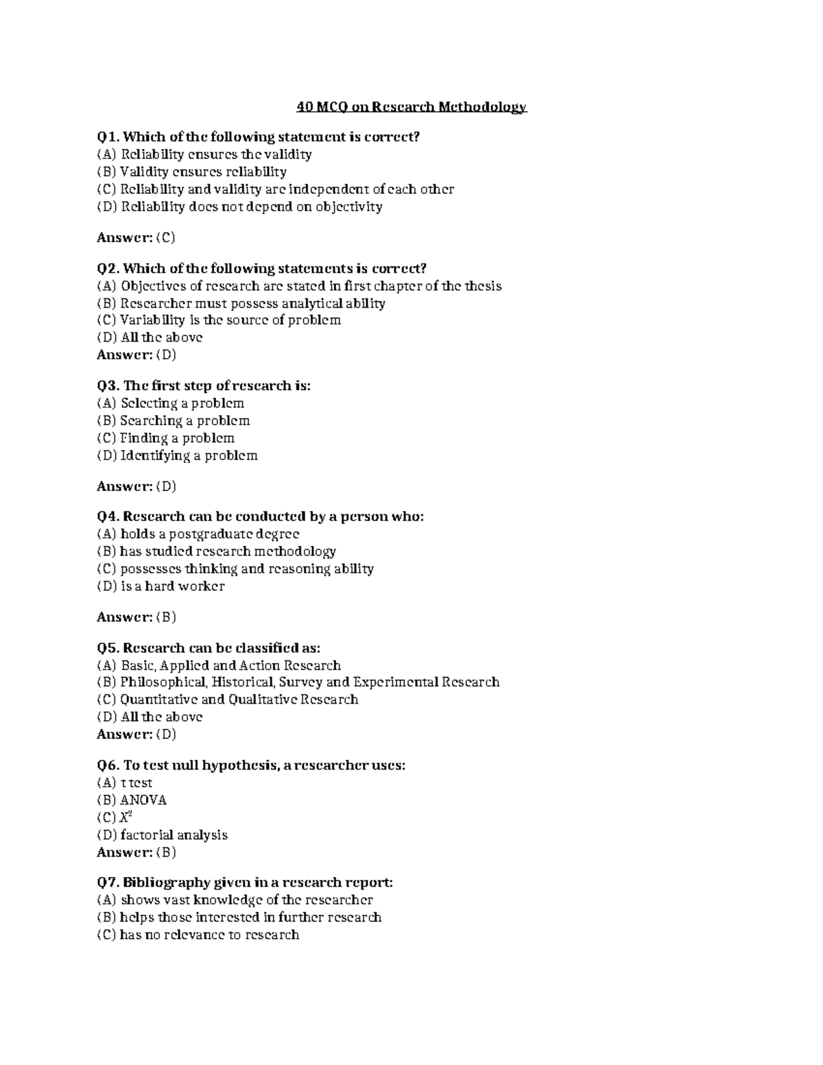 Research Methodology - MCQ on Research Methodology ,Research Process ...