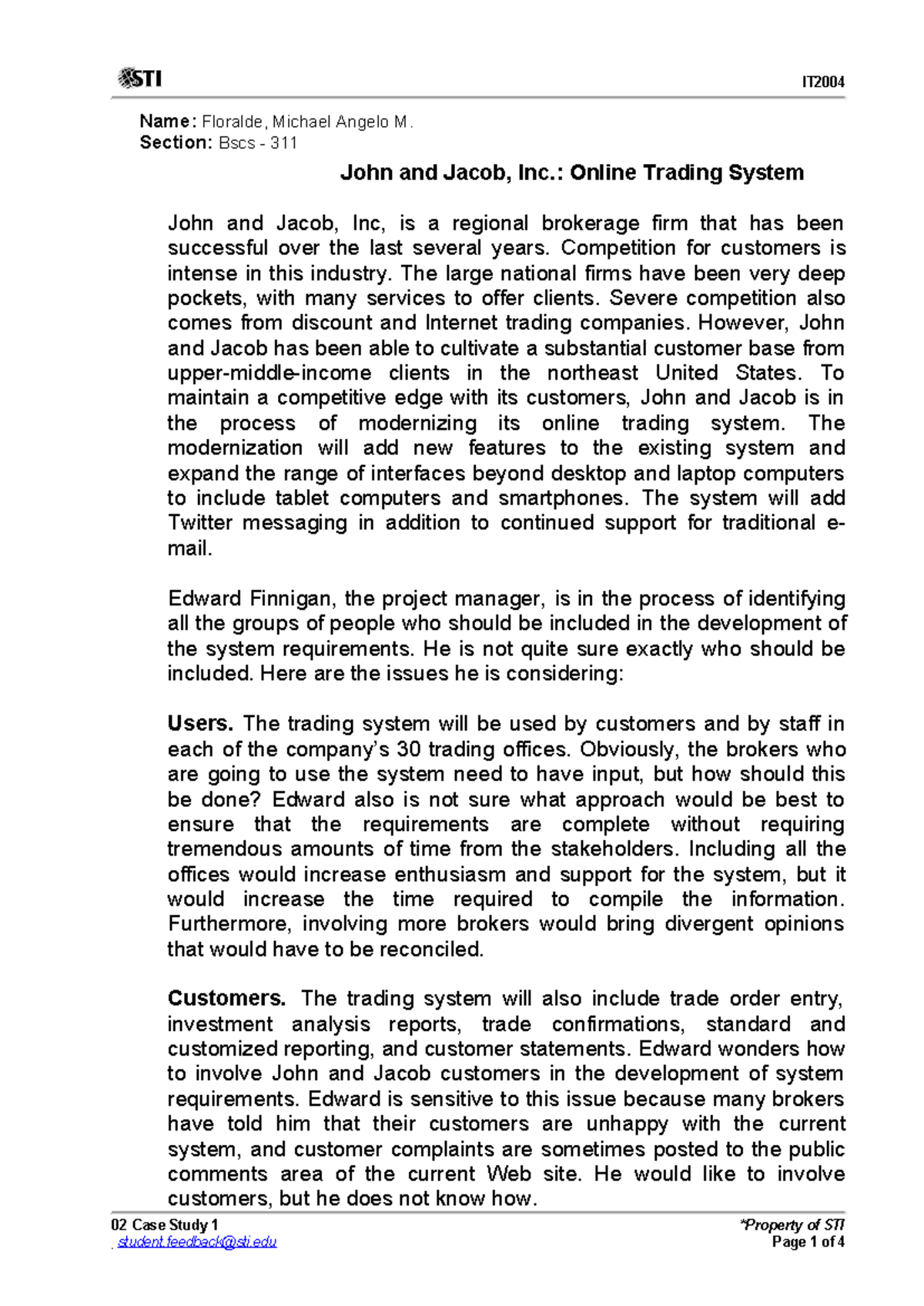 Floralde 02 Task Performance 1 - 02 Case Study 1 *Property of STI Name ...