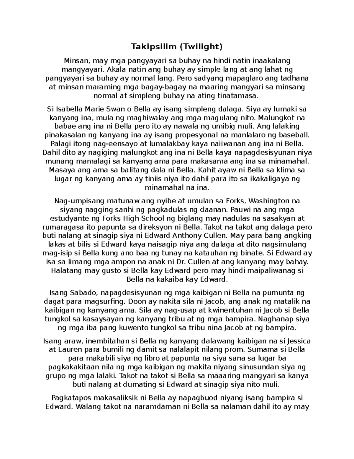 Takipsilim - Summary of Twilight in Filipino - Takipsilim (Twilight ...