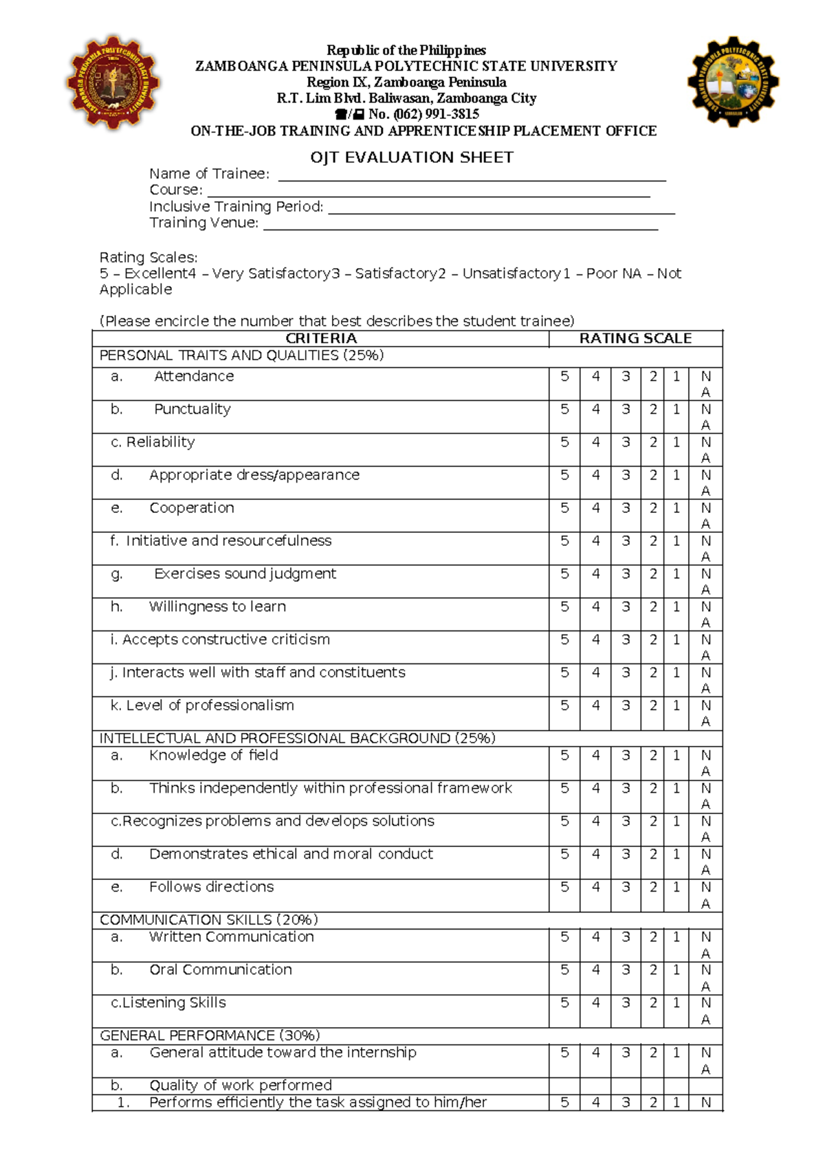 OJT- Evaluation-FORM - Notes - OJT EVALUATION SHEET Name of Trainee ...