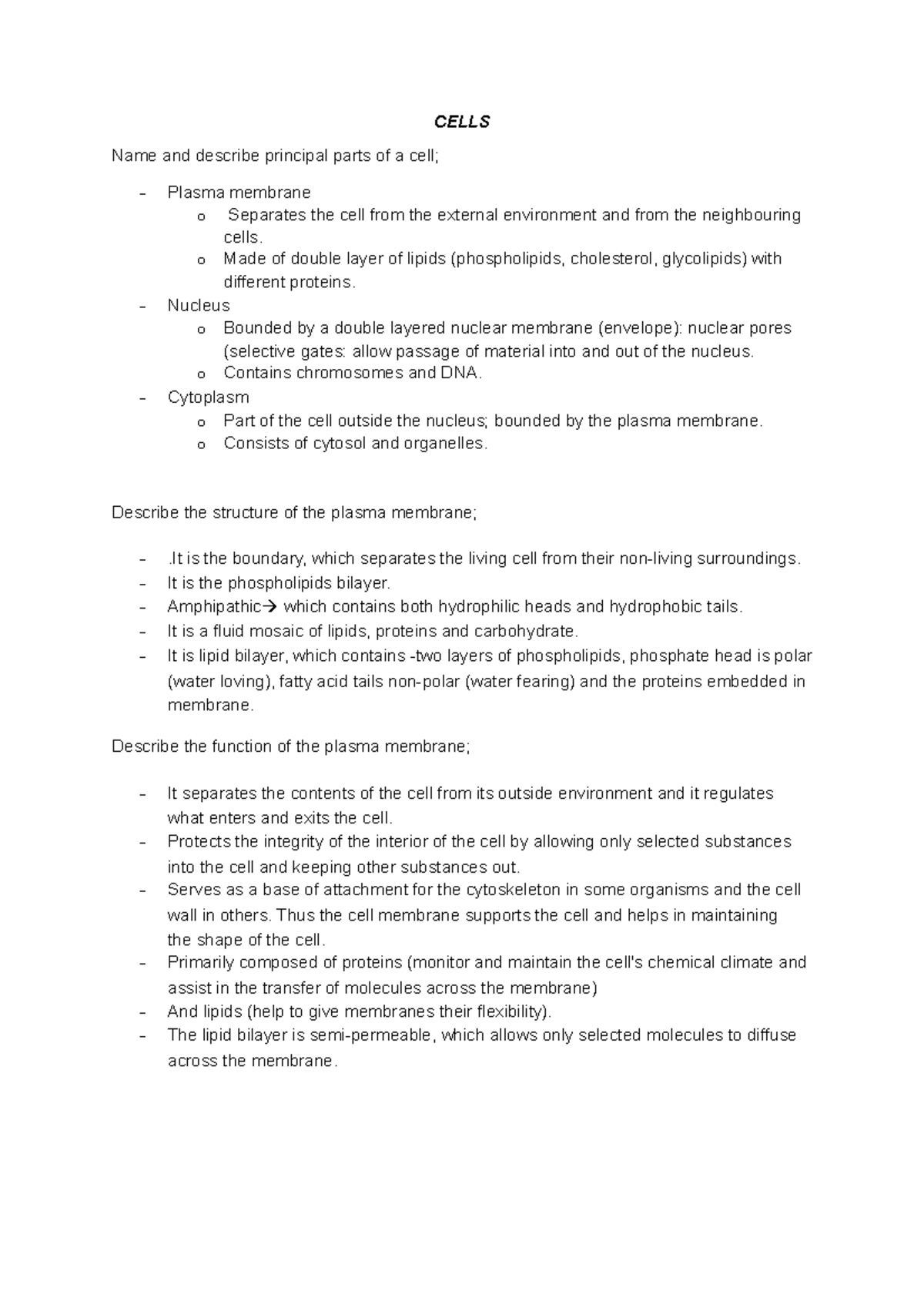 Lecture notes, lecture cells - CELLS Name and describe principal parts ...