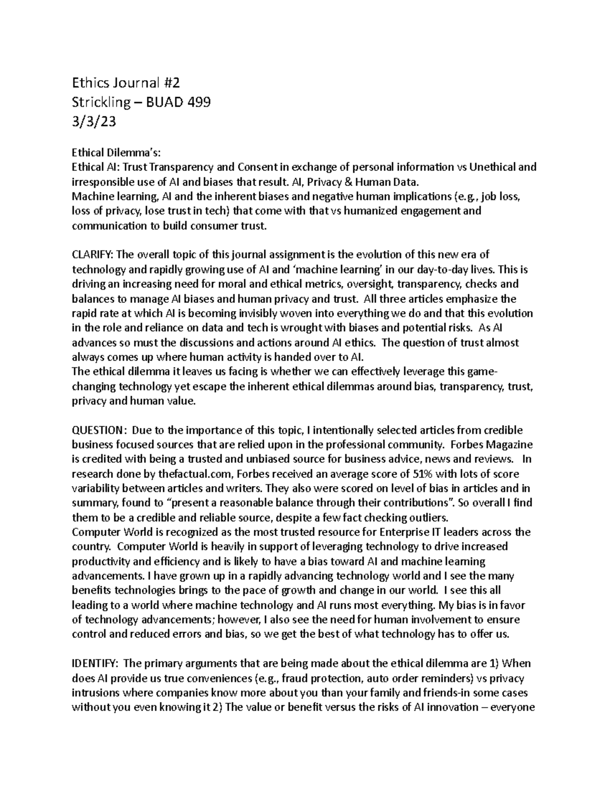 Ethics Journal #2 - Ethics Journal Strickling – BUAD 499 3/3/ Ethical ...