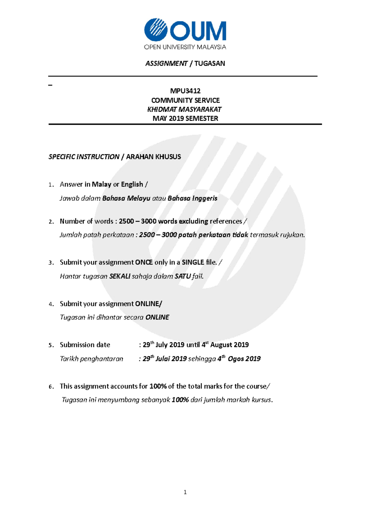 Soalan assignment - Community service - OUM - Studocu