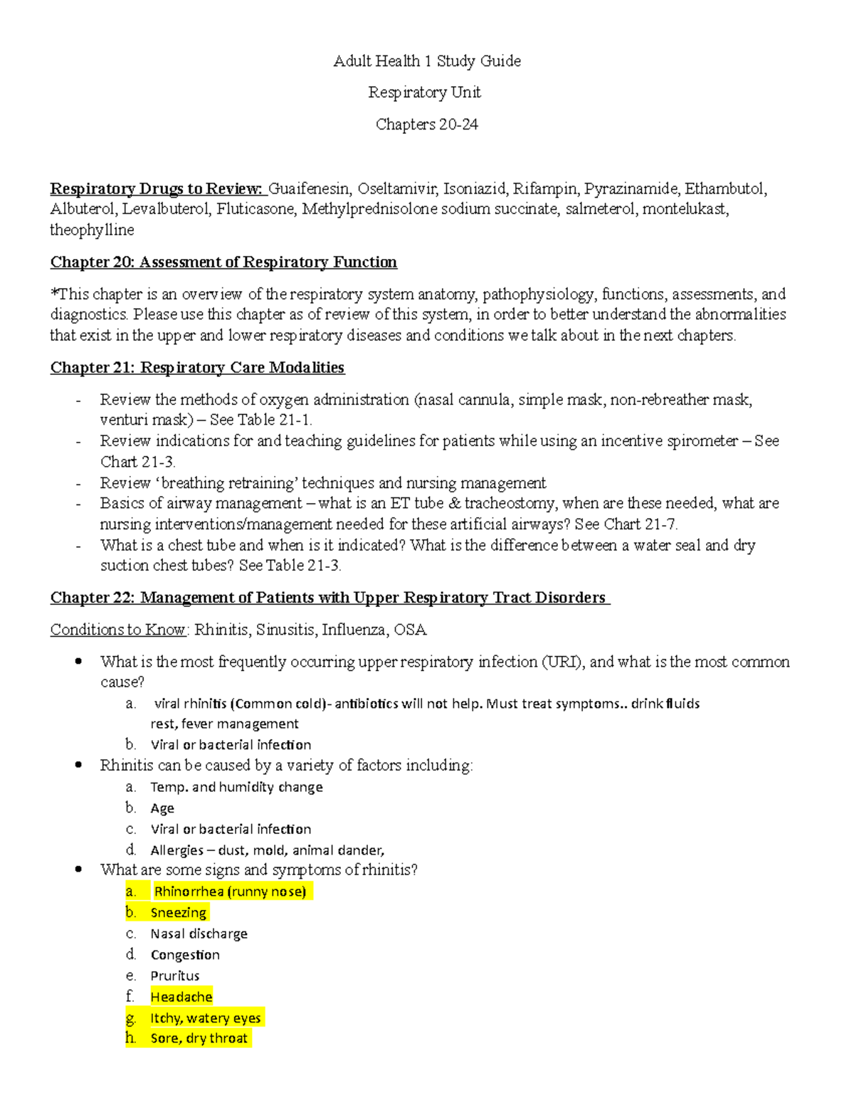 AH1 Respiratory Study Guide 1 - Adult Health 1 Study Guide Respiratory ...