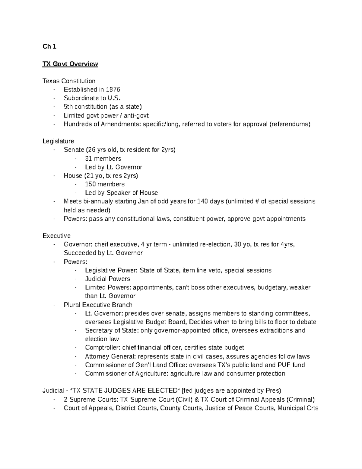Course Notes for Ch 1-4 - Ch 1 TX Govt Overview Texas Constitution ...