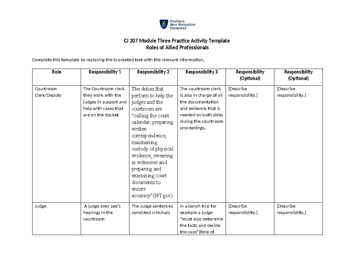CJ-207 Practice Activity 3-1 Template - CJ 207 Module Three Practice Activity Template Roles of ...