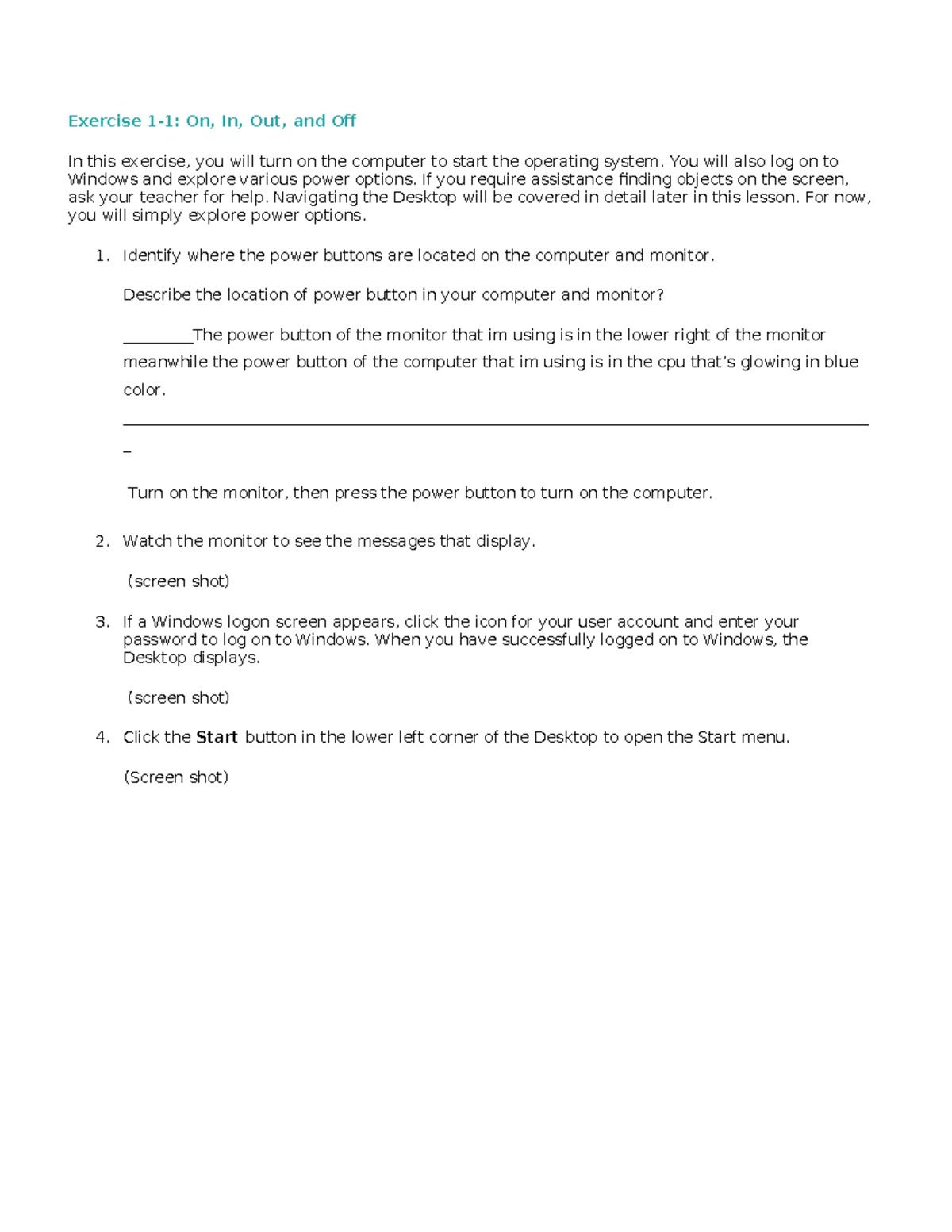 Lab Exercise Lesson 1 Assignment Exercise 1 1 On In Out And Off In This Exercise You 