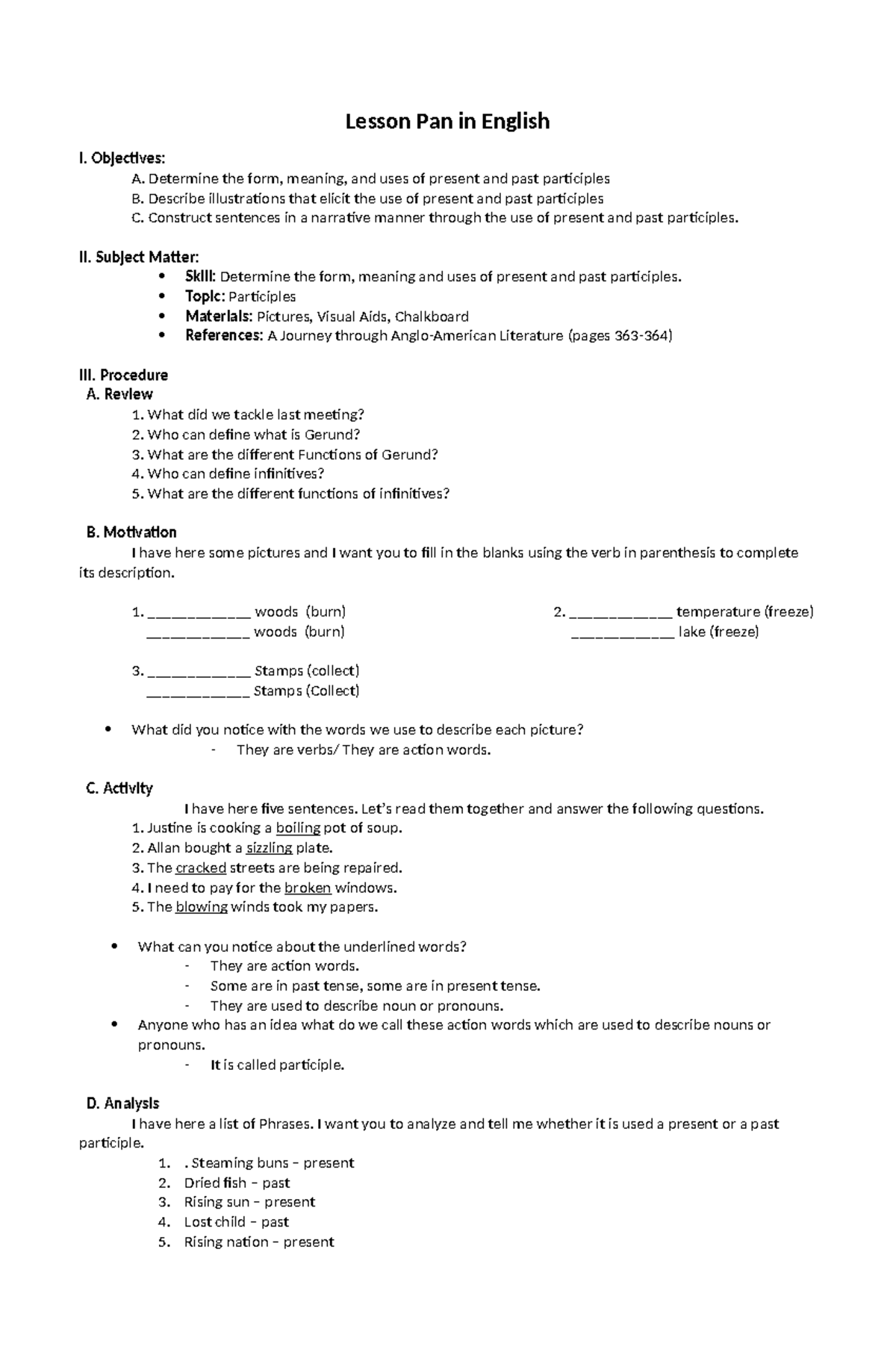 Final DEMO LP - lesson plan - Lesson Pan in English I. Objectives: A ...