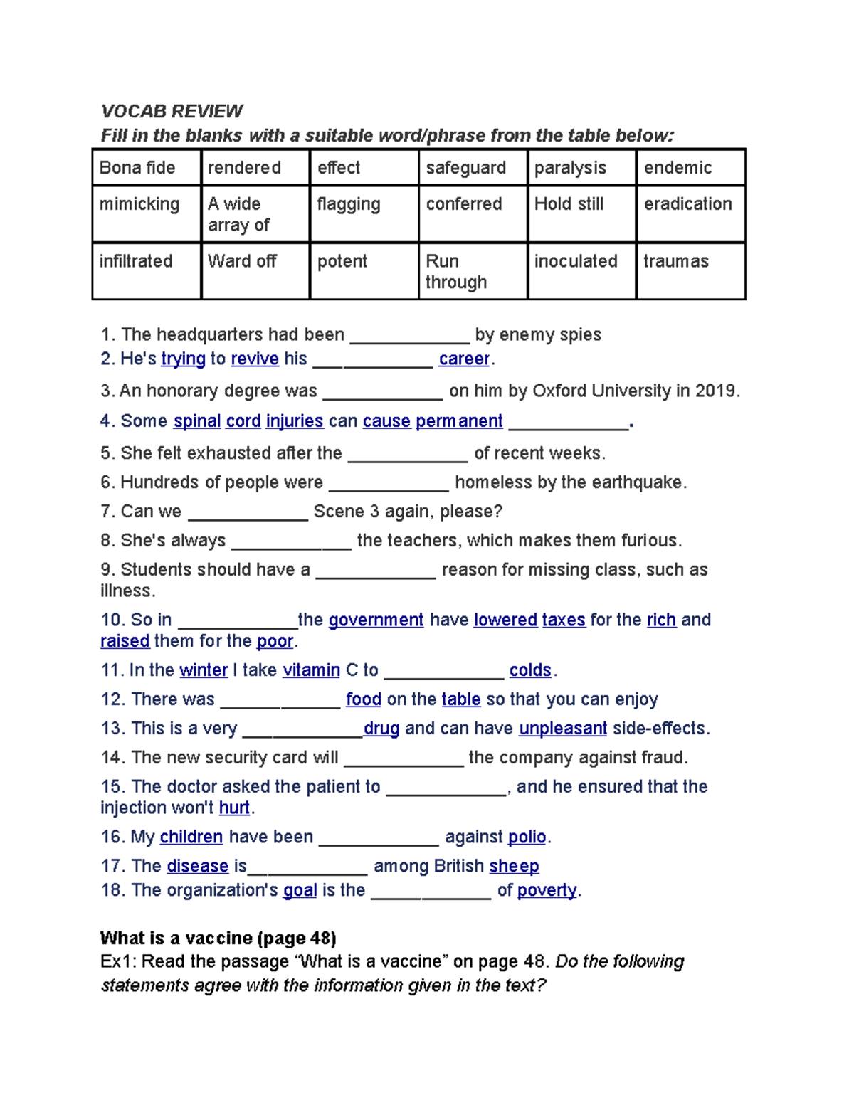 Vocab+ Reading Exercise - VOCAB REVIEW Fill in the blanks with a ...