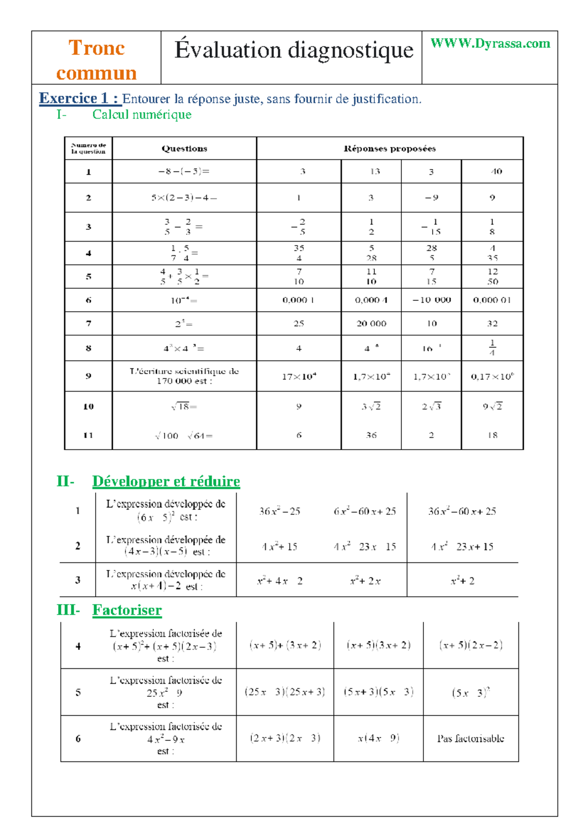 Evaluation diagnostique Maths Tronc commun Lettres et sciences humaines ...