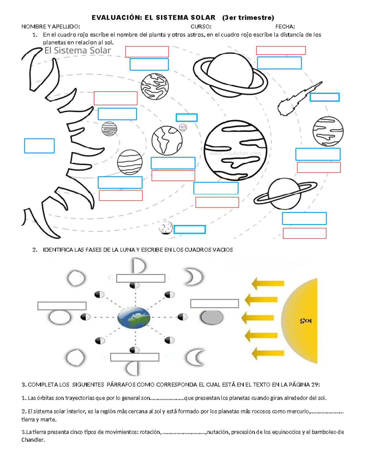 Actividad Sistema Solar - EVALUACIÓN: EL SISTEMA SOLAR (3er trimestre ...
