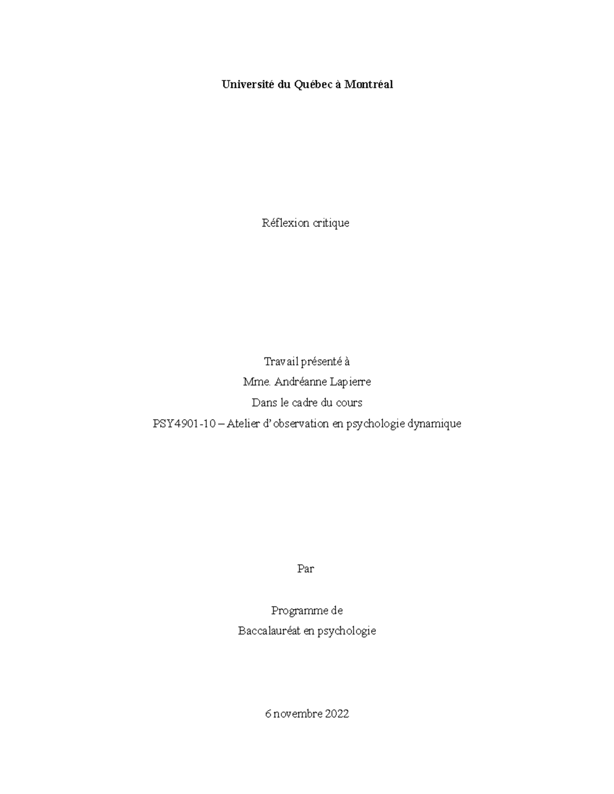 Reflexion-psychodynamique - Université du Québec à Montréal Réflexion ...