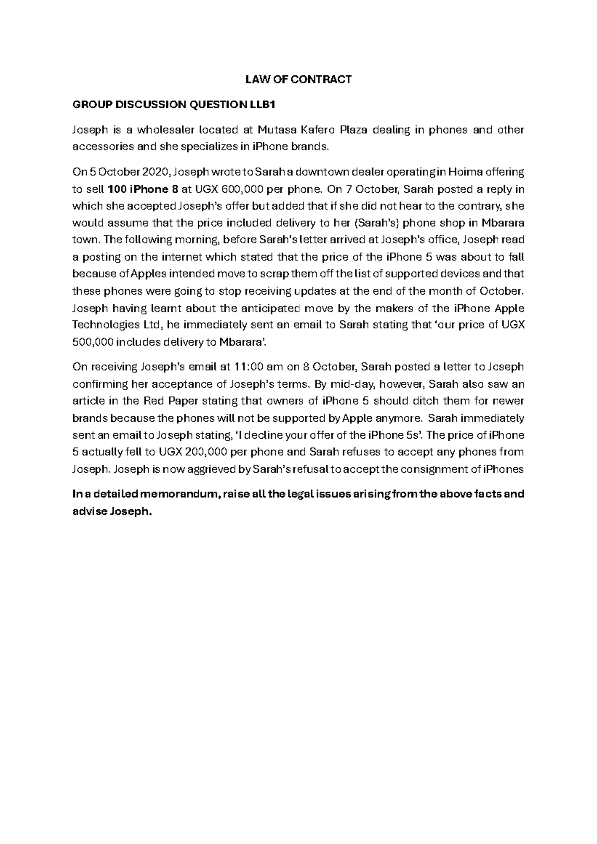 LAW OF Contract- Discussion question - LAW OF CONTRACT GROUP DISCUSSION ...