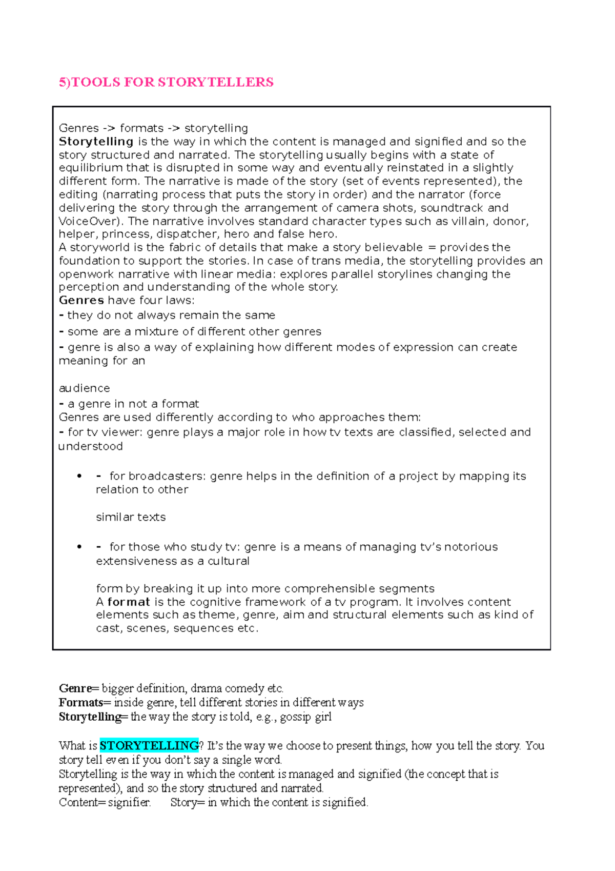 5) Storytelling, Genres, Format (appunti integrati con slides) - 5 ...
