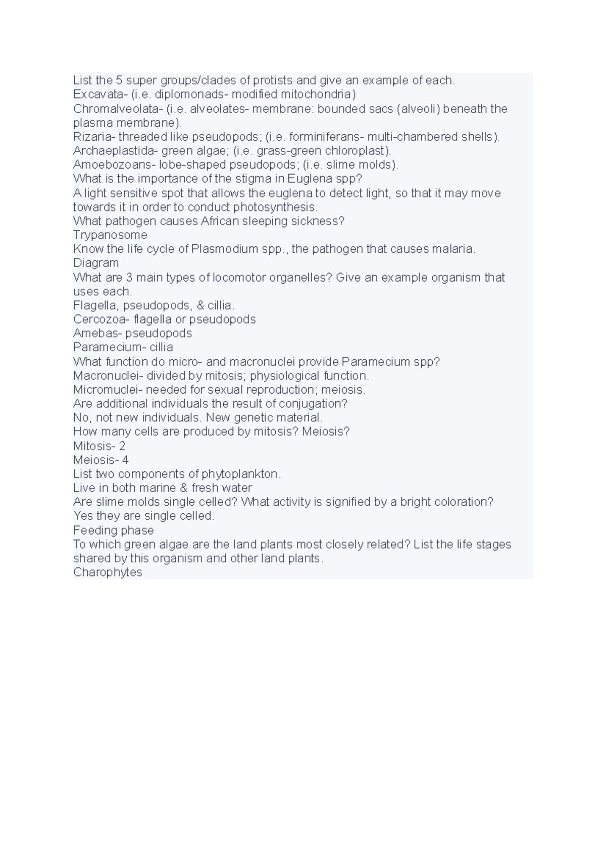 4 study guide biology - List the 5 super groups/clades of protists and ...