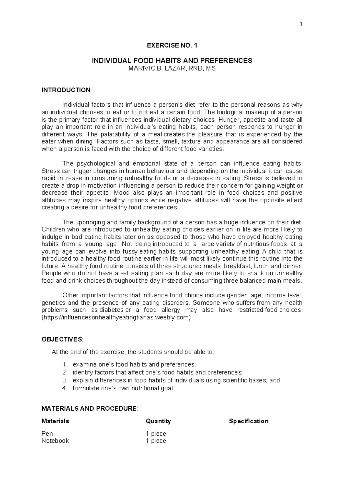 NDT-assignment - ASSIGNMENT - EXERCISE NO. 1 INDIVIDUAL FOOD HABITS AND ...