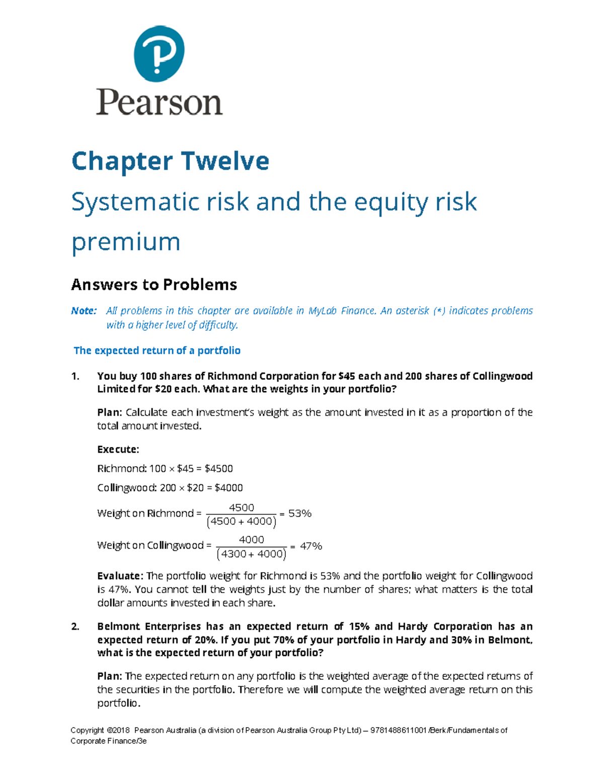 BERK Ch12 Systematic risk - Ans to Problem Q - Copyright ©2018 Pearson ...