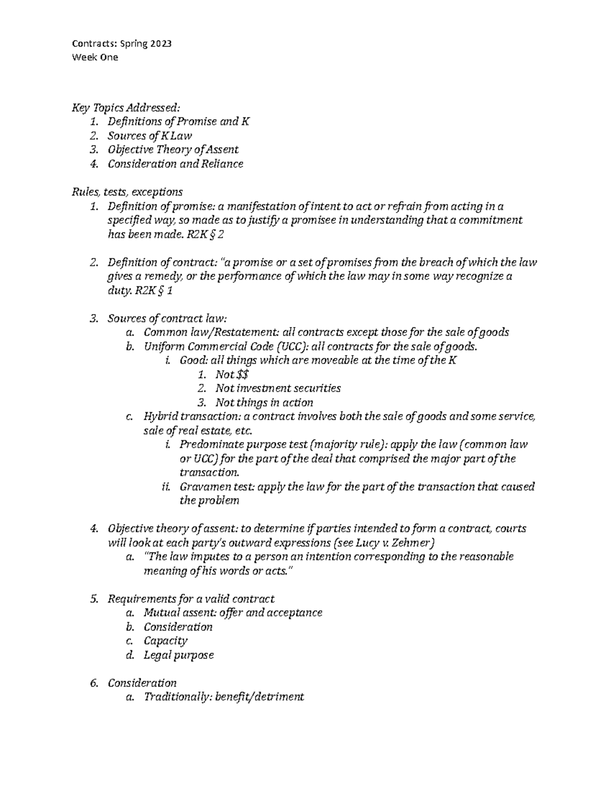 Week 1 Outline - Contracts: Spring 2023 Week One Key Topics Addressed ...