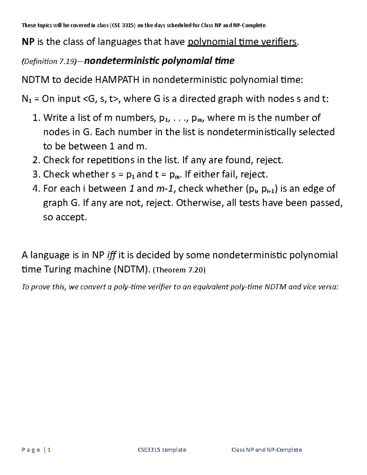 NPand NPcomplete - Lecture Notes - These topics will be covered in ...