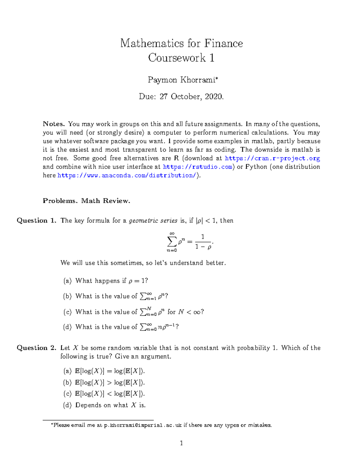 M4F - Course Work #1 - Math Review - Mathematics for Finance Coursework ...