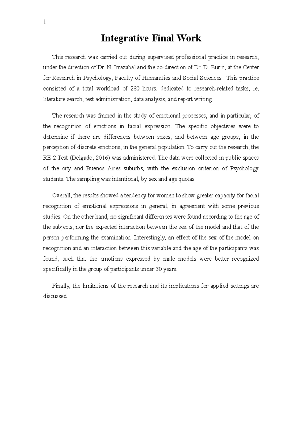 Integrative Final Work - 1 Integrative Final Work This research was carried out during ...