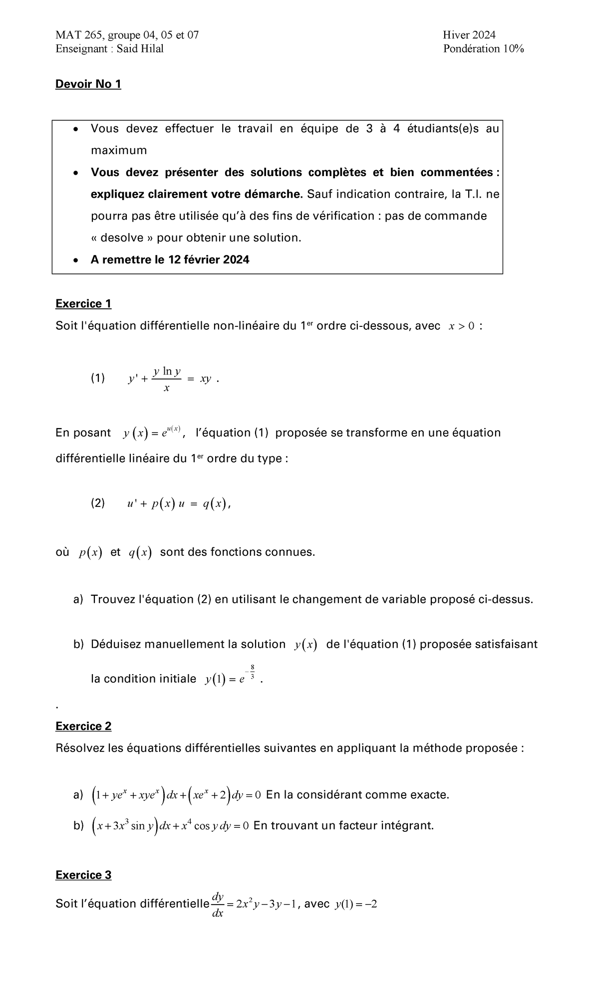 Dev No1 Math 265-H2024 - devoir 1 - MAT 265, groupe 04, 05 et 07 Hiver 2024 Enseignant : Said ...