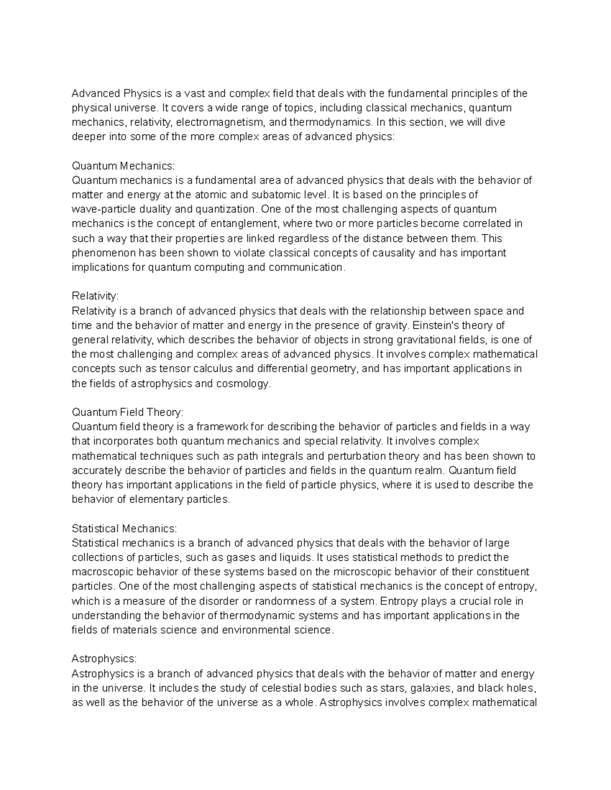 Notes on Advanced Physics - Advanced Physics is a vast and complex ...