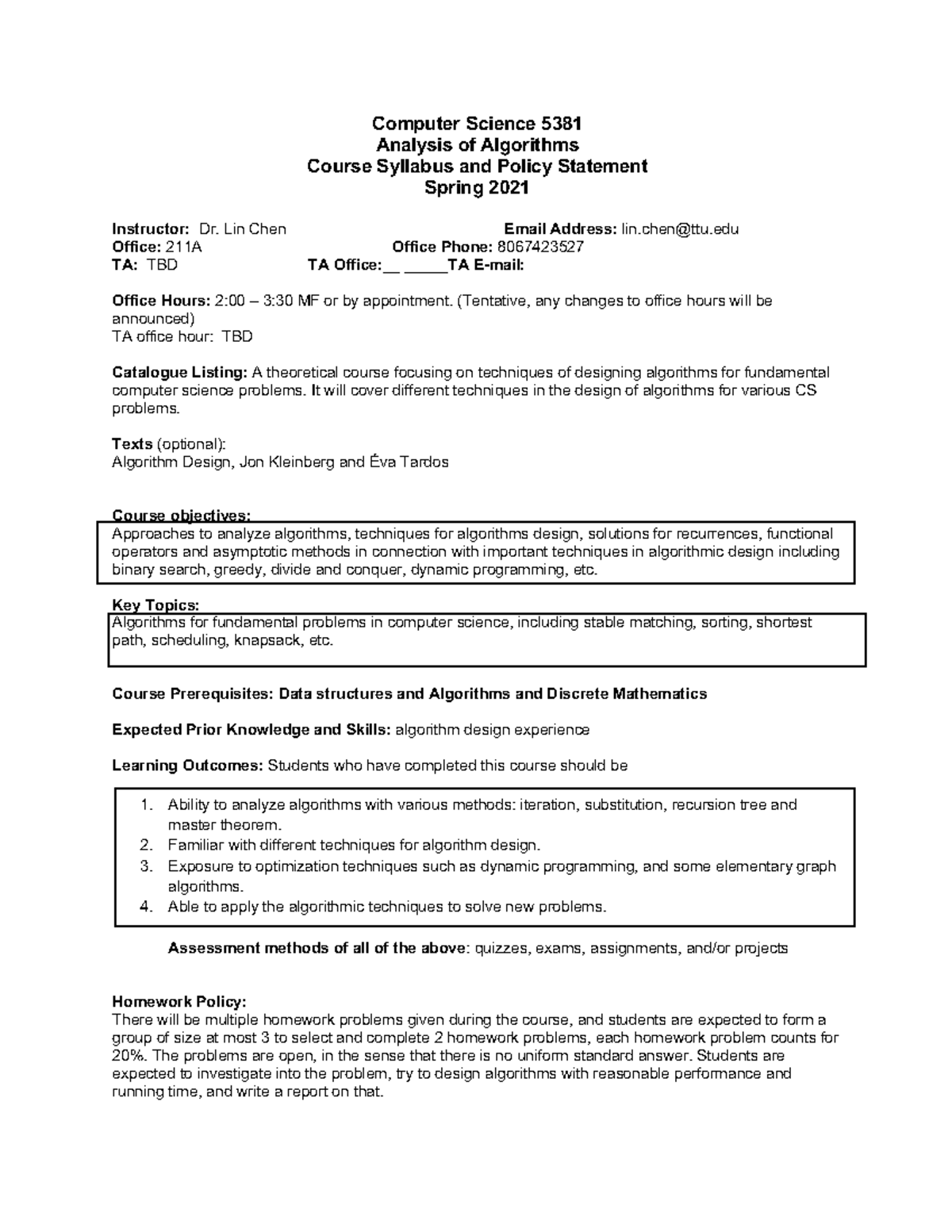 Aoa Analysis Of Algorithms Computer Science 5381 Analysis Of Algorithms Course Syllabus And