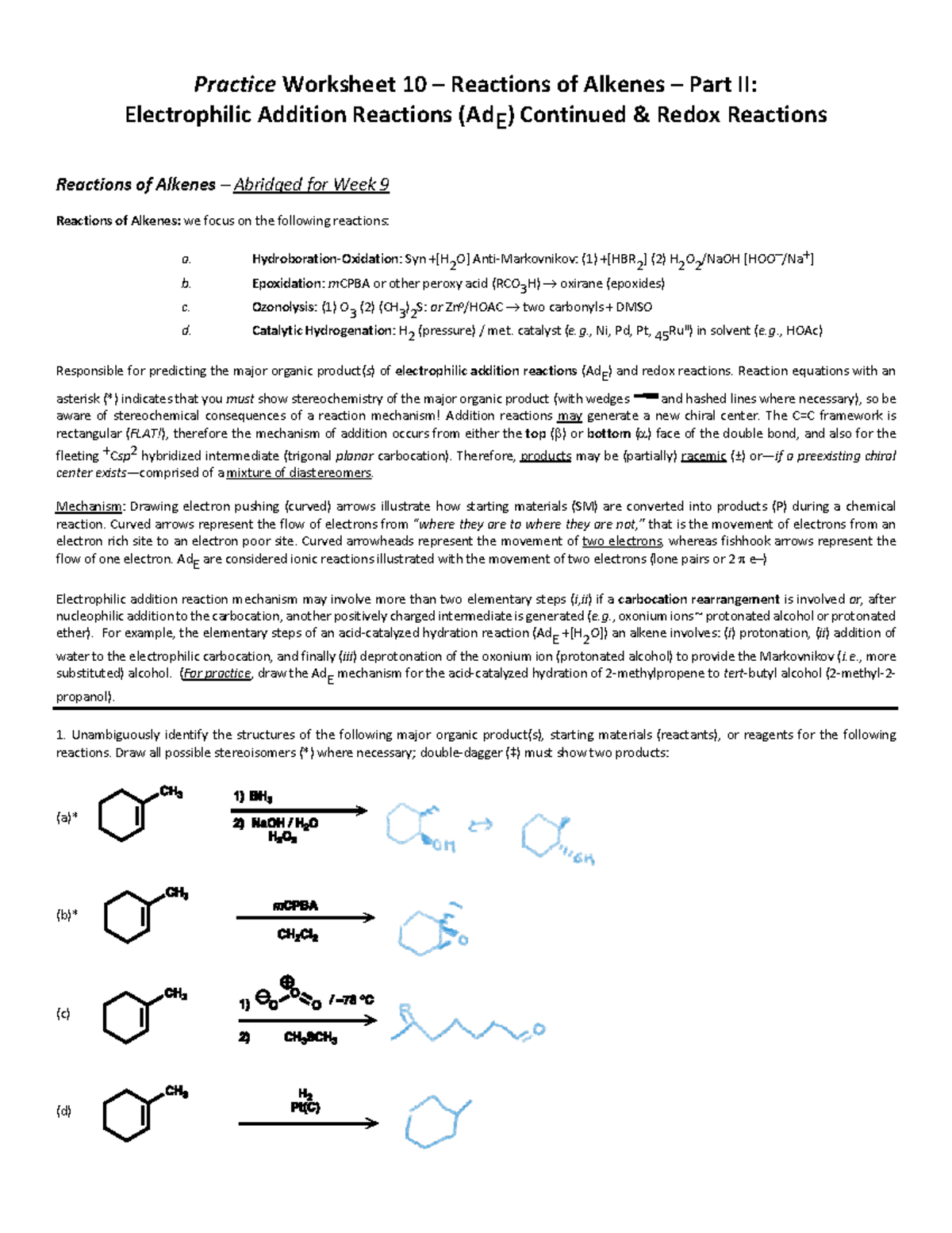 Practice worksheet 10 - Practice Worksheet 10 – Reactions of Alkenes ...