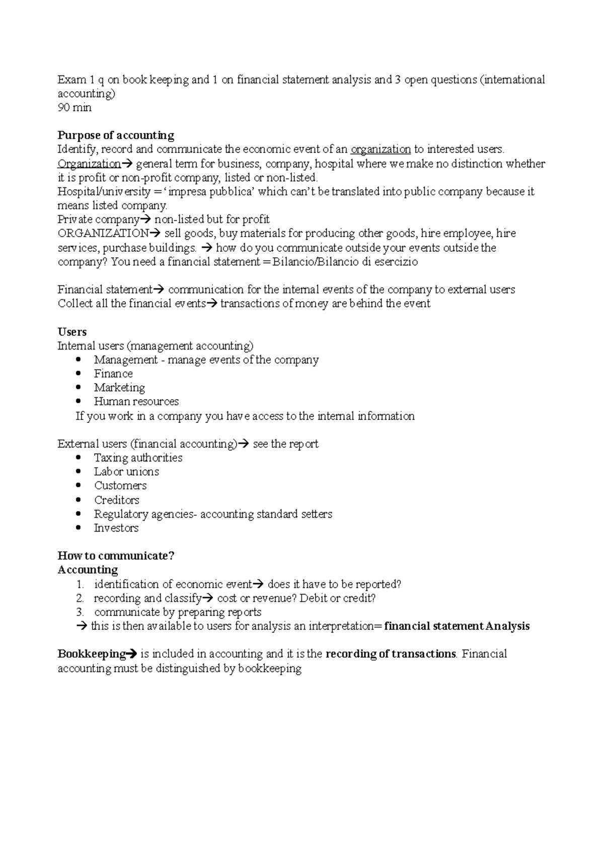 PIA notes + exercises - CORDAZZO - Exam 1 q on book keeping and 1 on ...