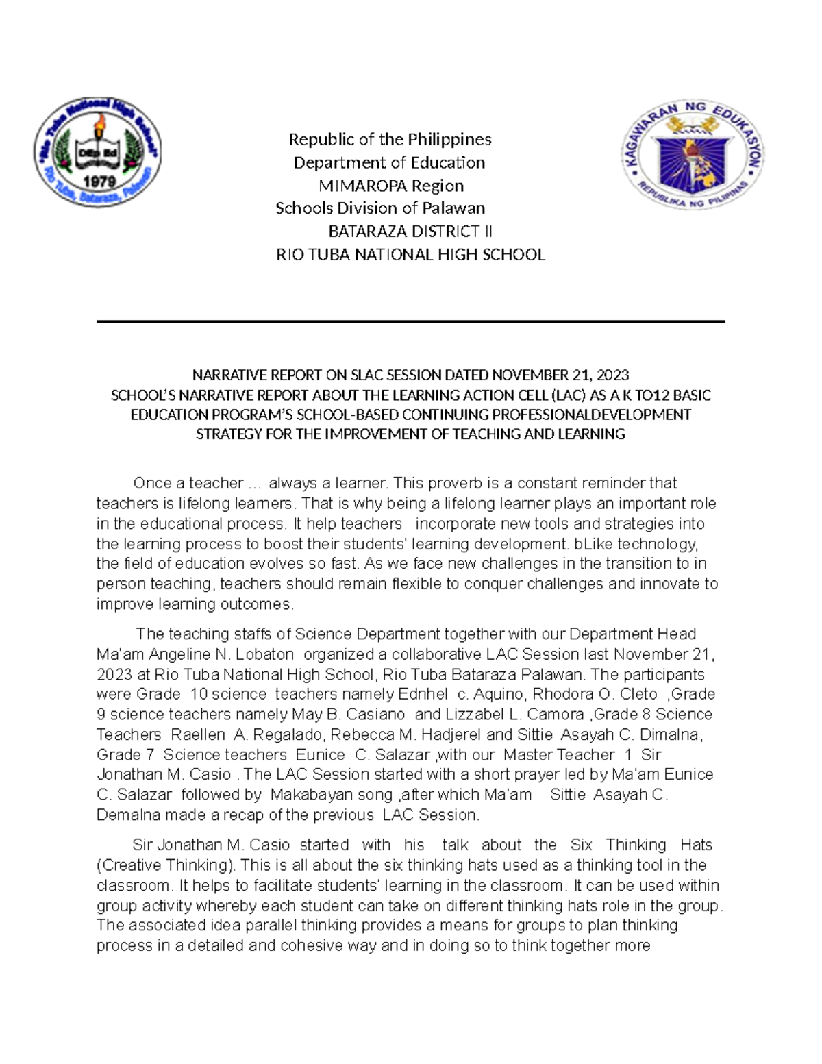 Narrative report LAC session - Republic of the Philippines Department ...