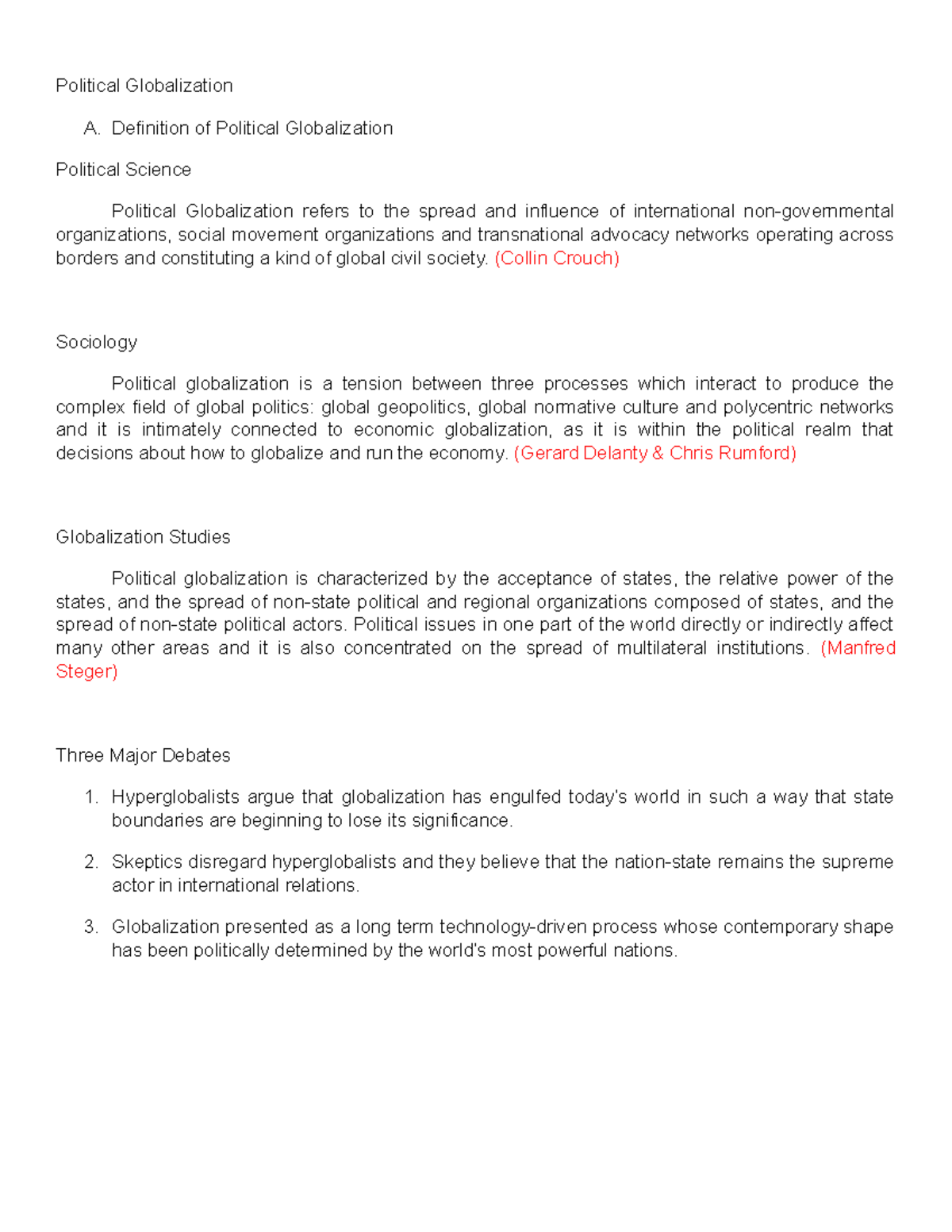 Political Globalization Summary - Political Globalization A. Definition ...