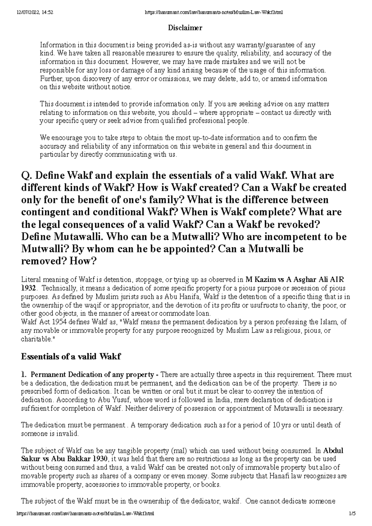 Muslim-Law-Wakf - Lecture notes - Disclaimer Information in this ...