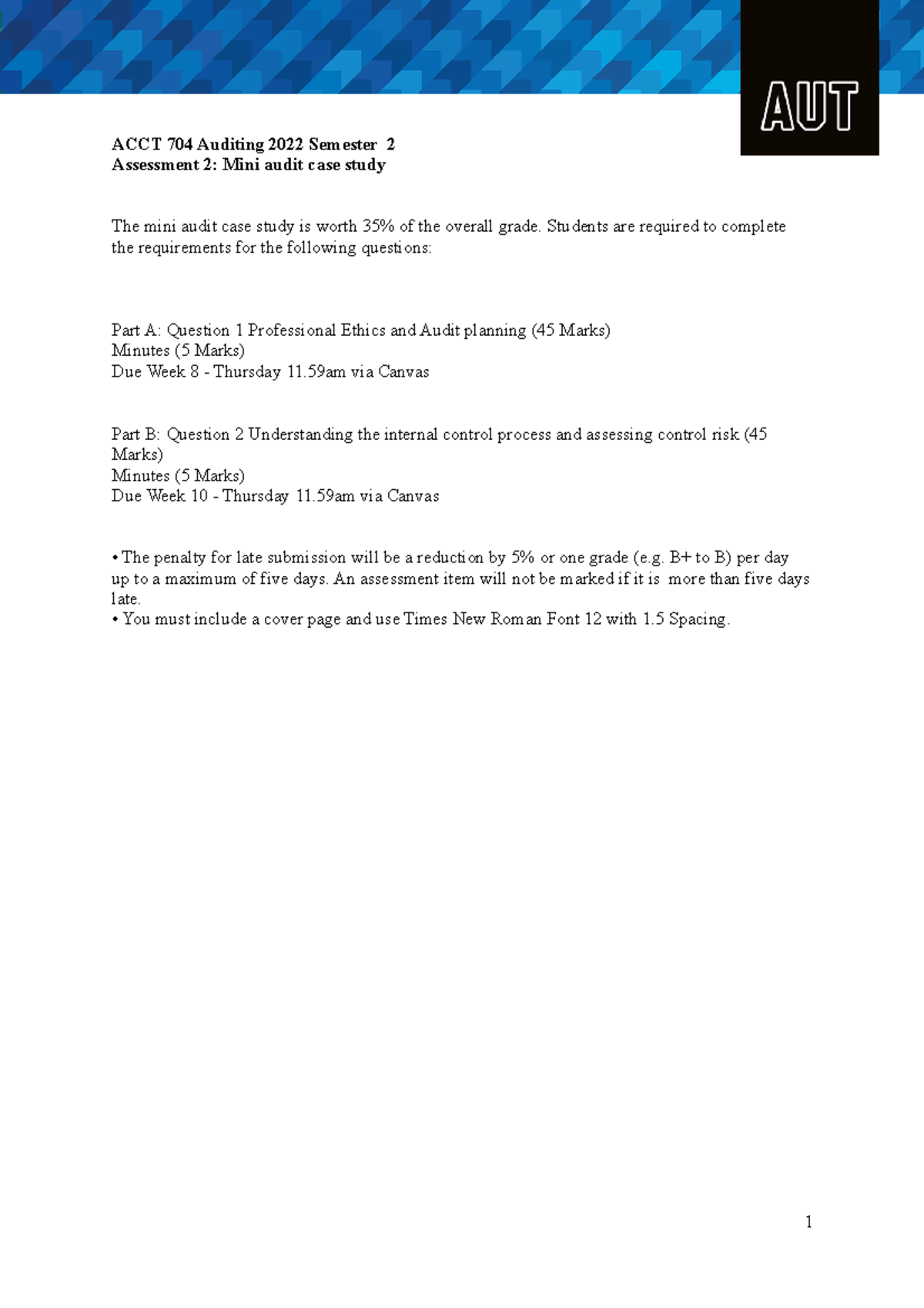 Mini Audit - Part A - ACCT 704 Auditing 2022 Semester 2 Assessment 2 ...