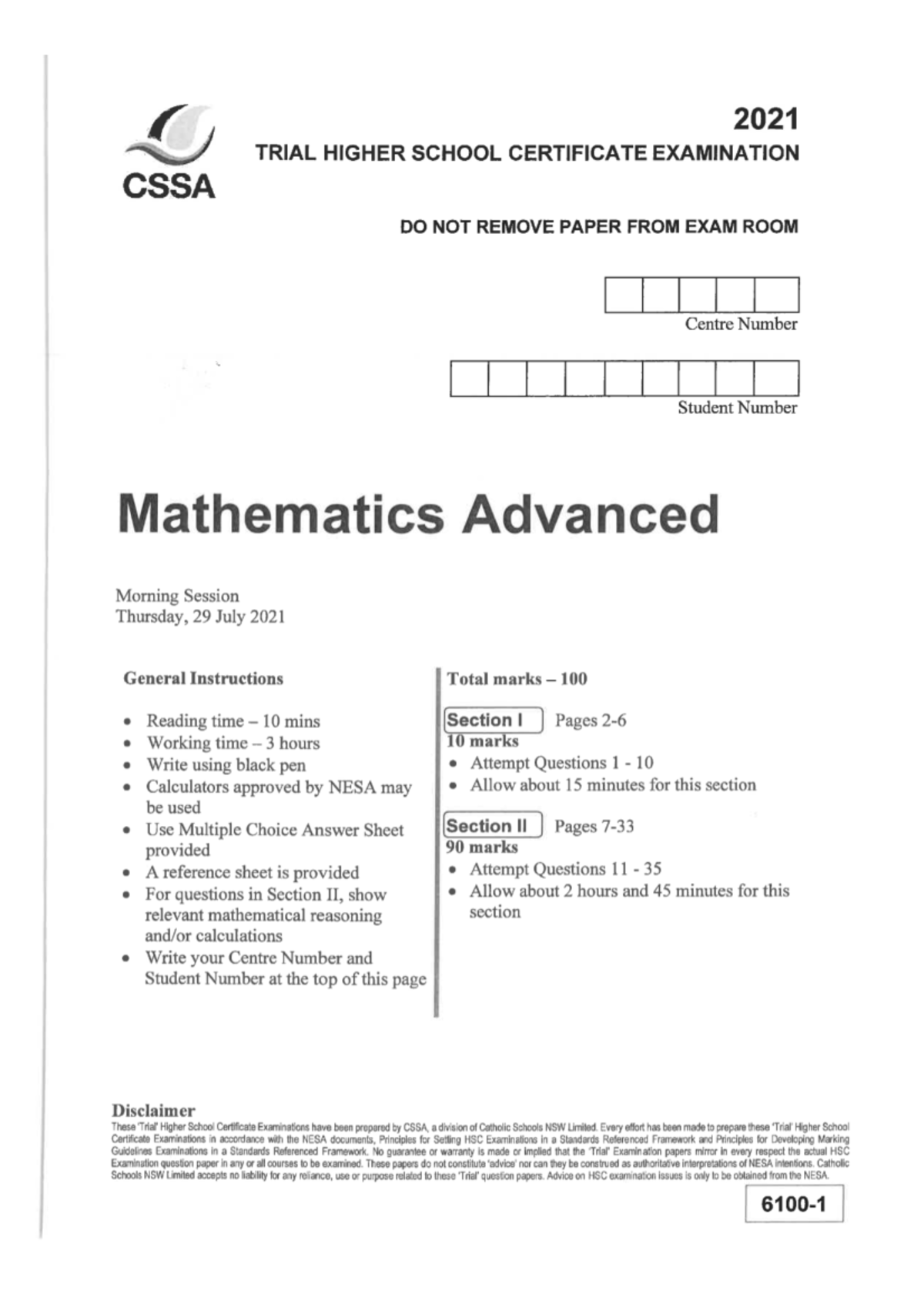 2021 CSSA Mathematics Advanced Examination - 2021 TRIAL HIGHER SCHOOL ...