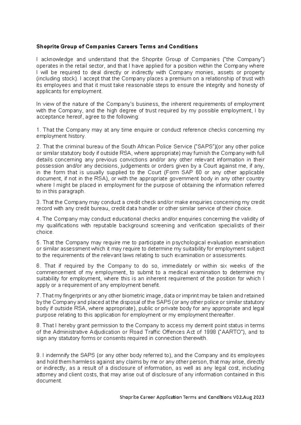 Applicant-terms - Notes - Shoprite Career Application Terms and ...