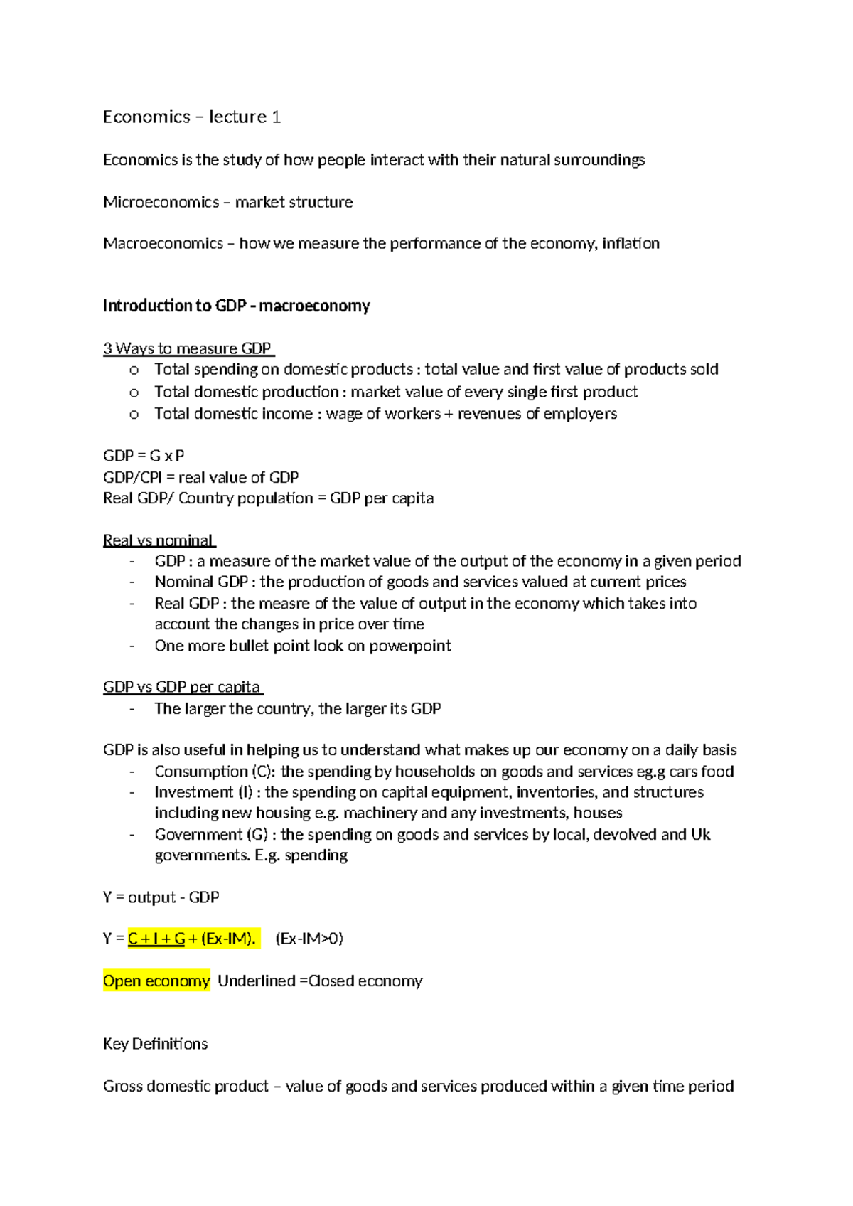 Economics Lecture Week 1 - Economics – lecture 1 Economics is the study of how people interact ...