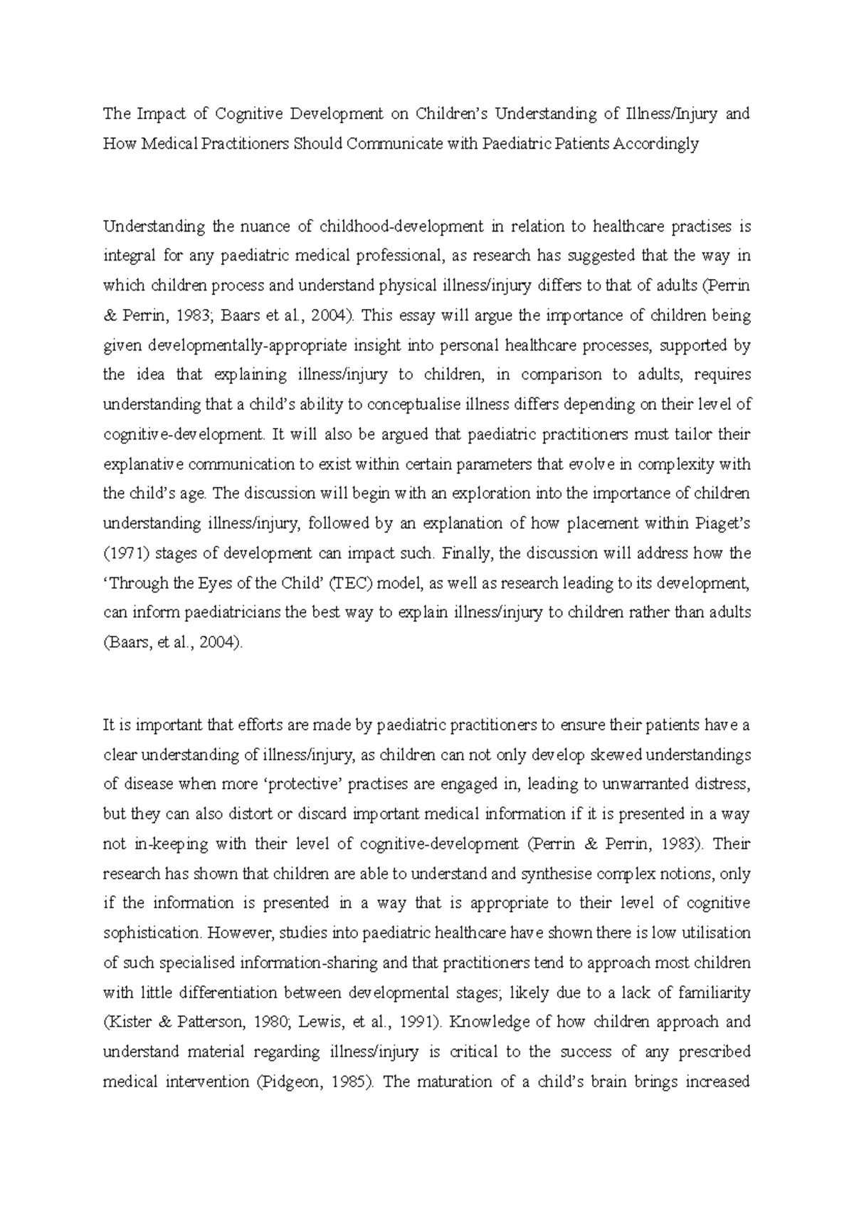Final essay - major assessment 2 - The Impact of Cognitive Development ...
