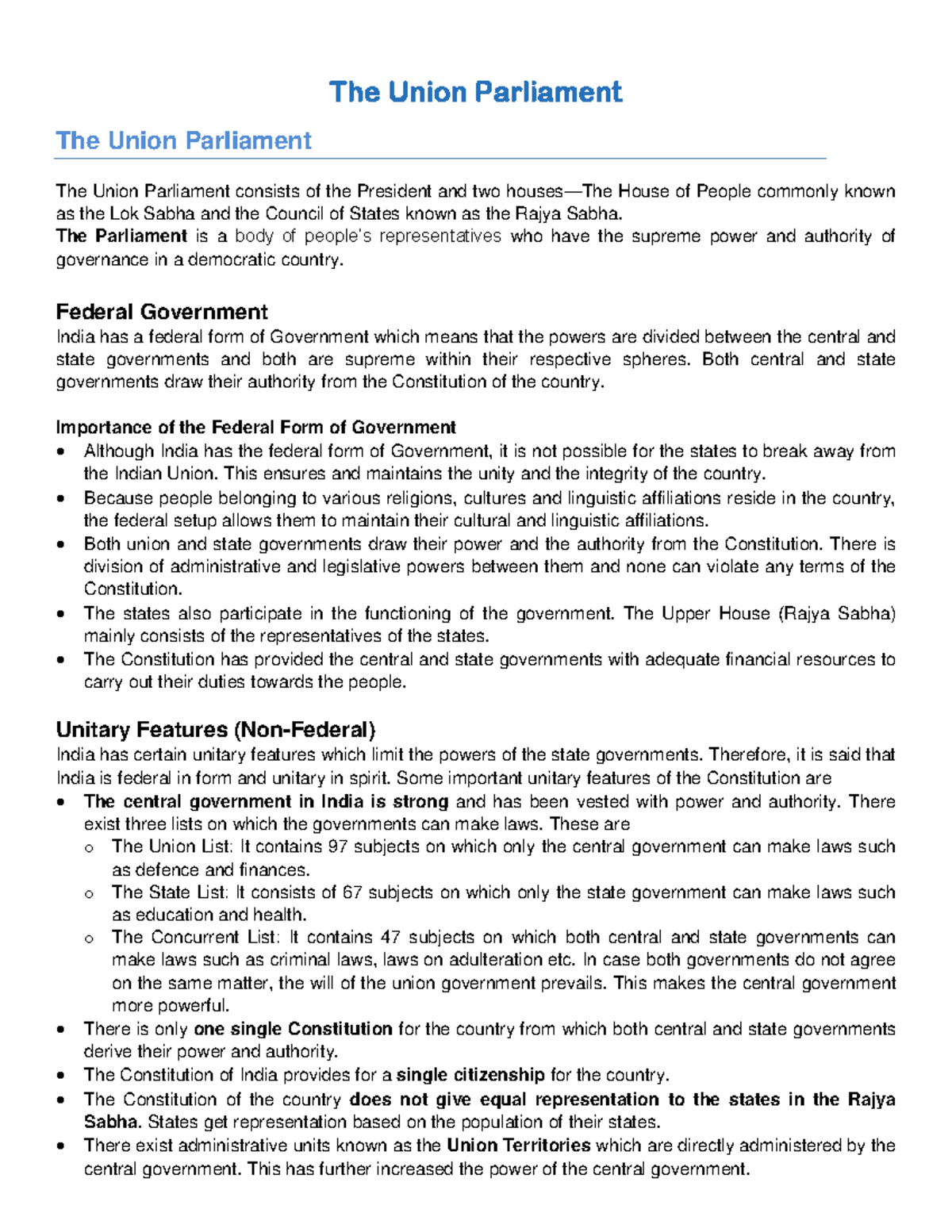The union Legislature - ggg - The Union Parliament The Union Parliament ...
