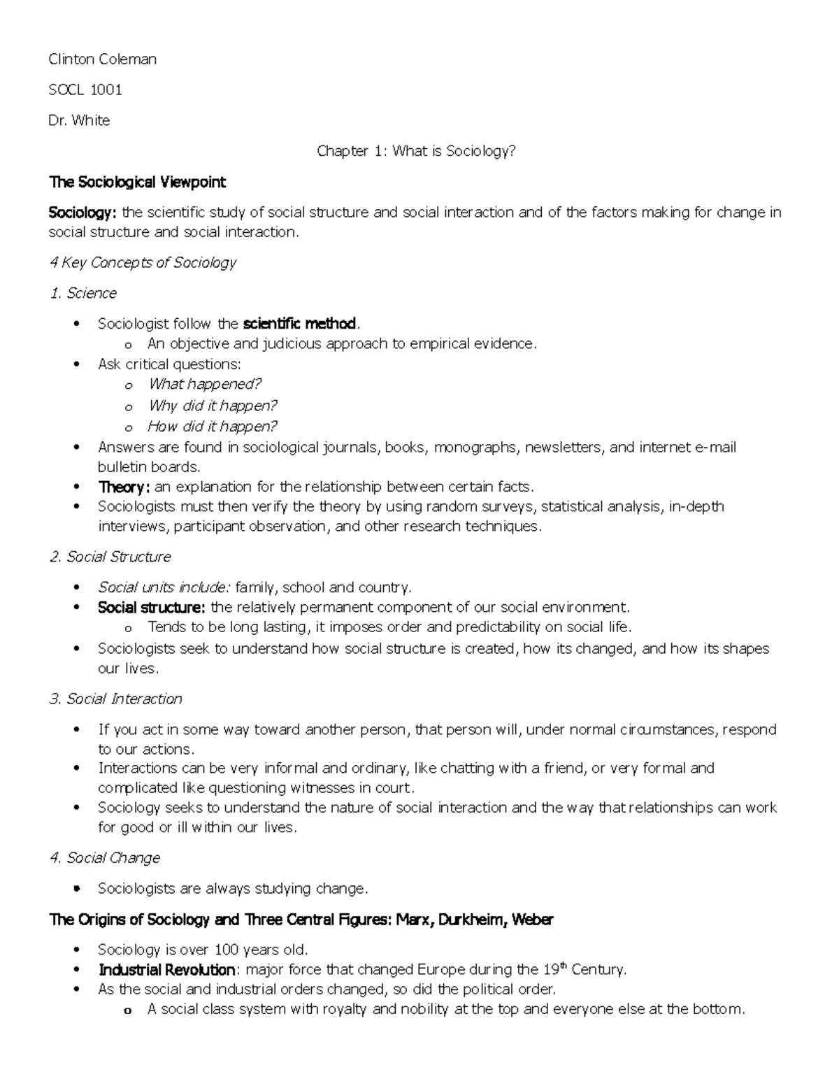 Chapter 1 Notes - Intro to Sociology - Clinton Coleman SOCL 1001 Dr ...