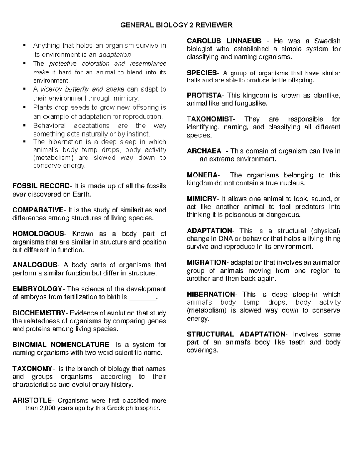 Reviewer-IN- Genbio 2 - GENERAL BIOLOGY 2 REVIEWER Anything that helps ...