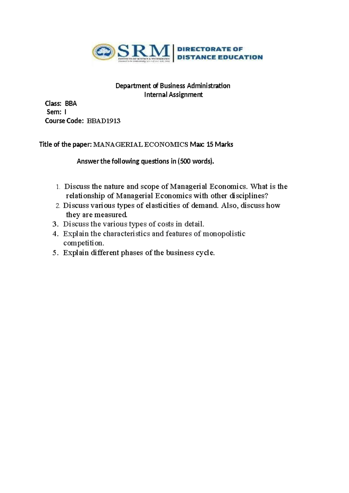 Managerial Economics - Assignment - Department of Business ...