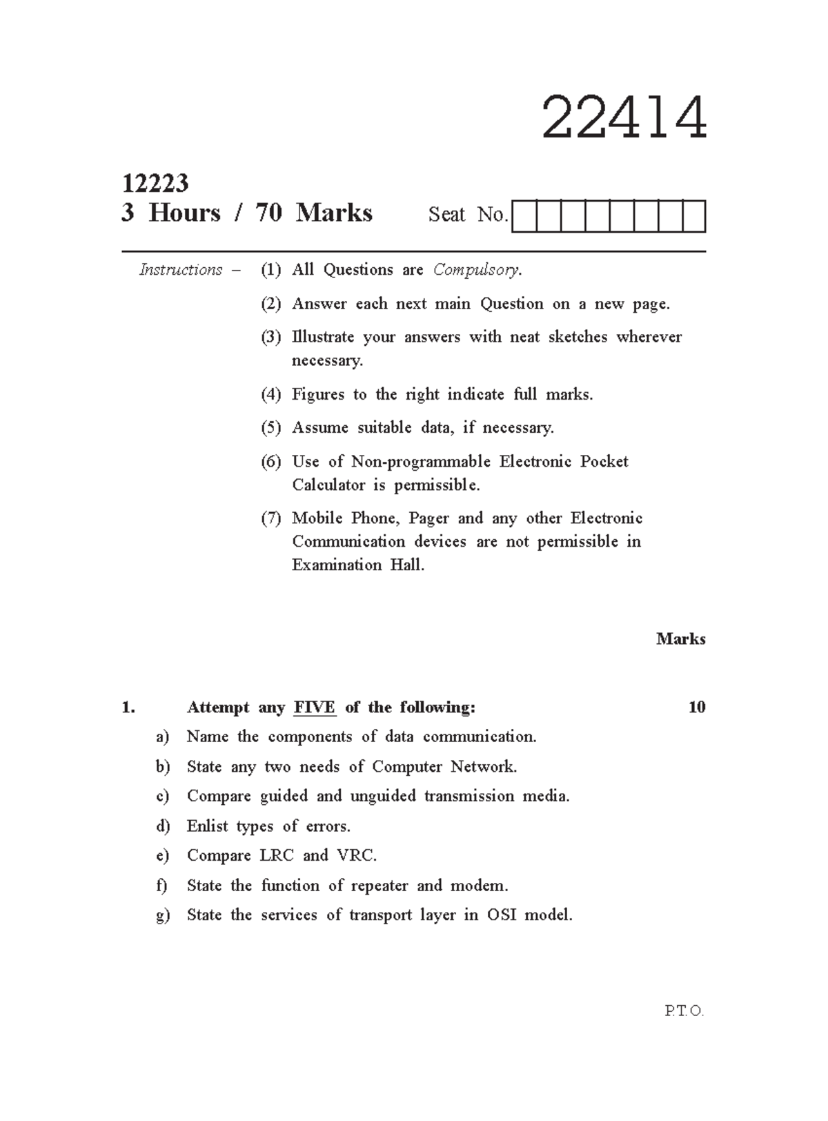 DCC W22 - Question paper of w22 - P.T. Instructions – (1) All Questions are Compulsory. (2 ...