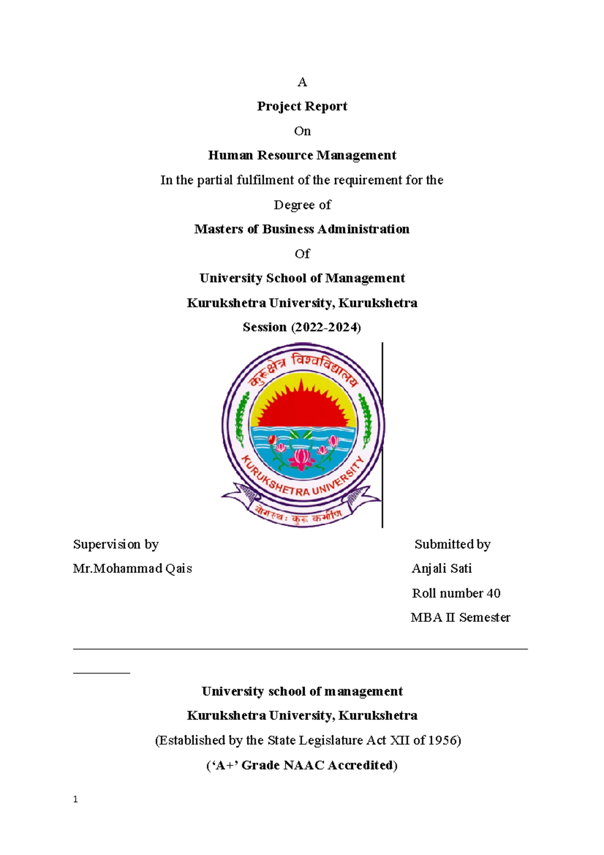 Final report hrm by anjali (1) - A Project Report On Human Resource ...