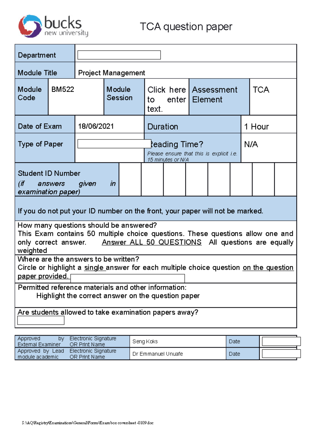BM522 Project Management 21-22-TCA questions(EXAM18062021) - TCA ...