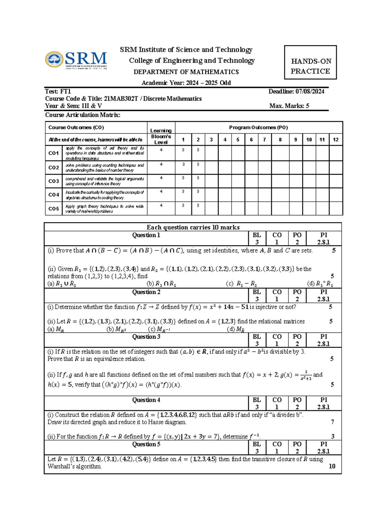 21MAB302T-DM-Hands on practice-FT-I 2 - SRM Institute of Science and Technology College of - Studocu