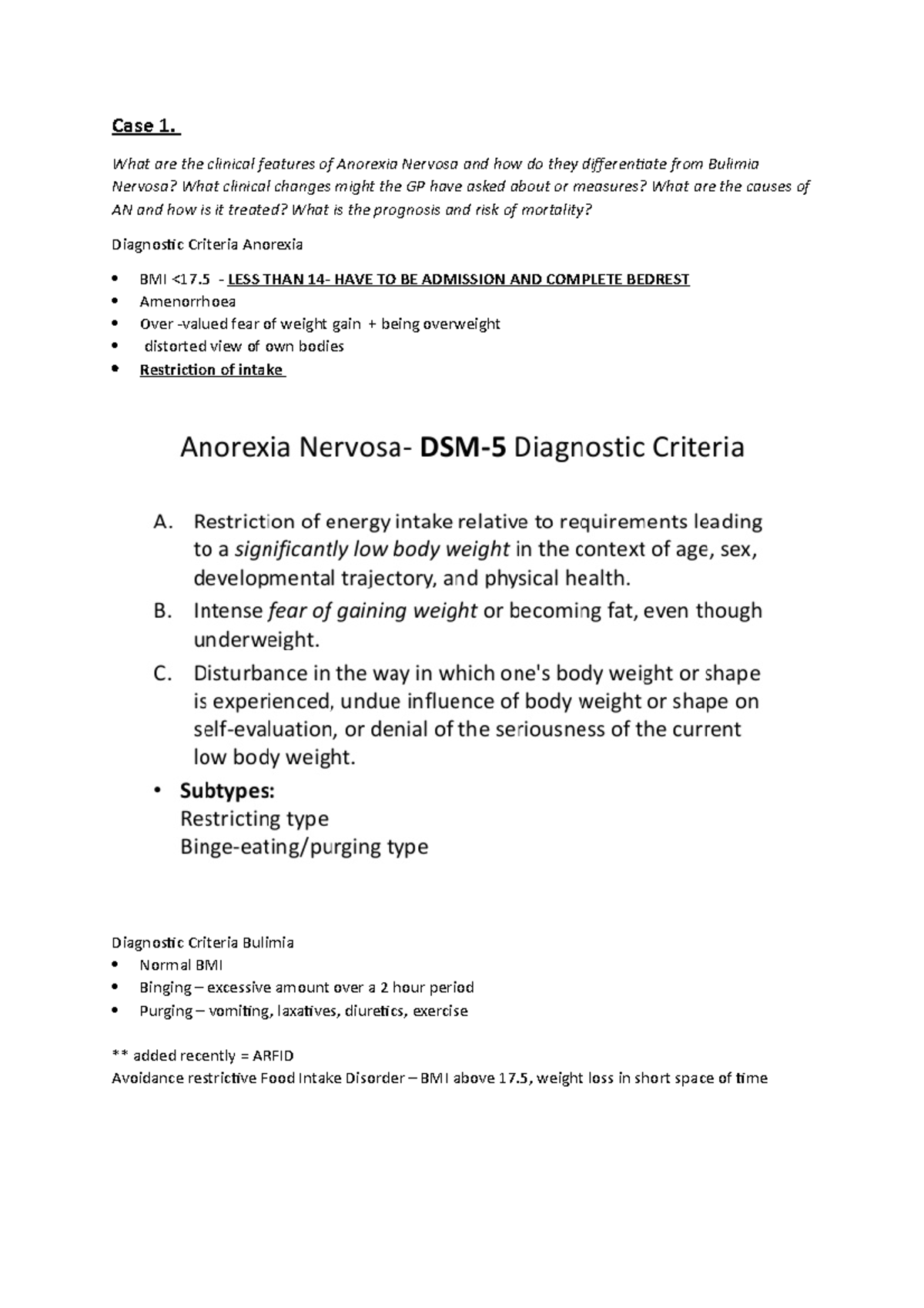 Case 1 - Eating Disorders - Case 1. What are the clinical features of ...